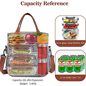 LOKASS Lunch Bag for Women/Men Work, 16L Expandable Double Deck Lunch box, Waterproof Leak-proof Cooler Bag, Portable Meal Prep Lunchbag with Adjustable Shoulder Strap-Grey
