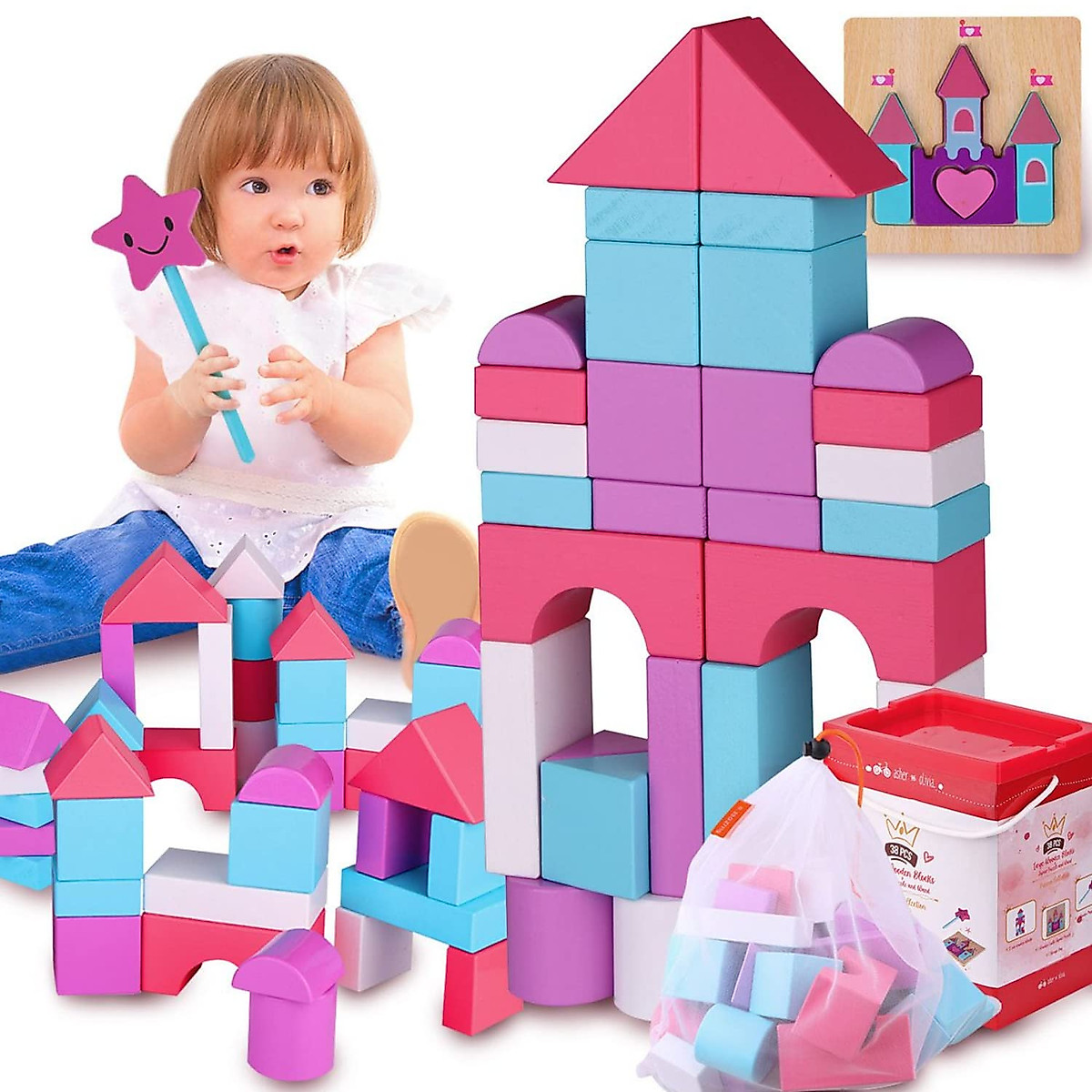 Large Building Wooden Blocks for Babies and Toddlers- 1-3 Years with Princess Castle Wooden Jigsaw Puzzles & Wand- Educational Montessori Fairytale Building Blocks for Toddlers