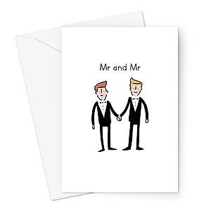 Mr and Mr Greeting Card | Gay Wedding Congratulations Card, LGBTQ+ Just Married Card, for Gay Couple, Two Grooms Holding Hands Just Married