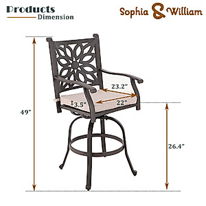 Sophia & William Cast Aluminum Patio Bar Chairs Set of 2, Bar Height Swivel Outdoor Bar Stools Chairs, Counter Height Outdoor Barstools, Brown, Load Capacity: 350 lbs