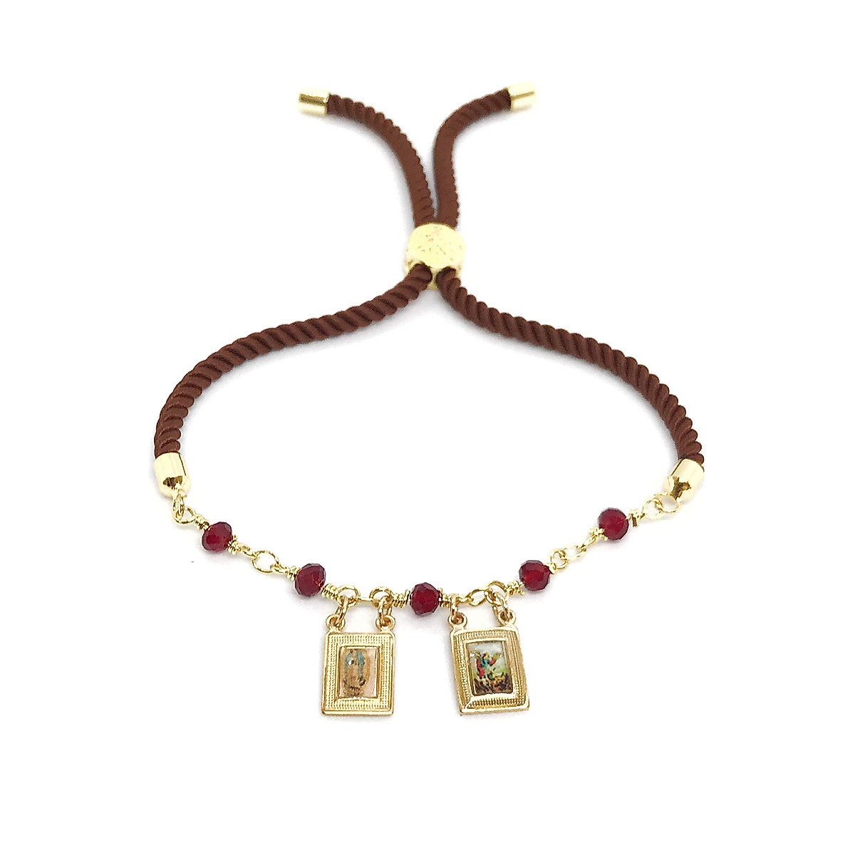LESLIE BOULES Scapular Bracelet with Crystal Beads & Brown Satin Cord Adjustable