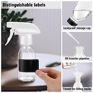 Tecohouse Glass Spray Bottles 4 OZ, Empty Small Spray Bottles 2 Pack for Essential Oils, Cleaning Solutions, Plants, Hair Mister, withDurable Nozzle, Labels, Funnel, Pipettes Clear