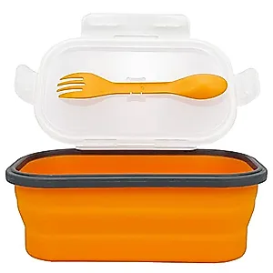 Silicone Lunch Container Bento Box, Collapsible Food Storage Containers with Airtight Lids and 2in1 Fork, Reusable Food Containers for Travel,Camping and RV, Food Grade 1000ml Microwave Container