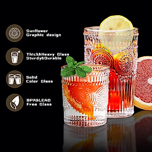 BOATDID Vintage Drinking Glasses Tumbler Set of 6,Embossed Water Glasses Cocktail,Juice,Beer,Iced Coffee,Clear Glassware for Kitchen,Thick & Heavy Glass Highball Glasses with Heavy Base 12oz/9oz