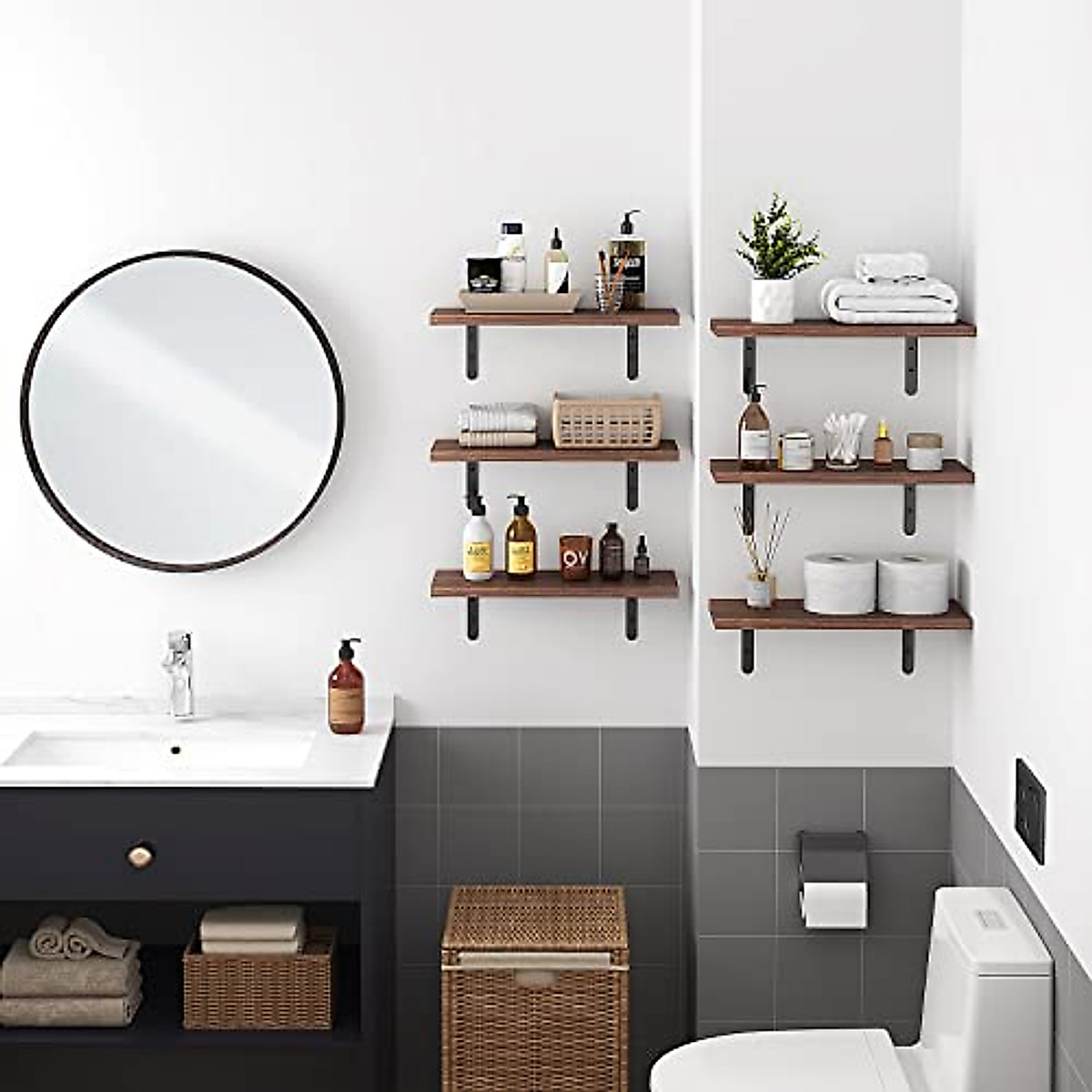 Fixwal Floating Shelves, Rustic Wood Wall Shelves Set of 6, Shelves for Wall Decor, Farmhouse Style for Bedroom, Living Room, Kitchen, Bathroom, Office and Plants (Dark Carbonized Black)