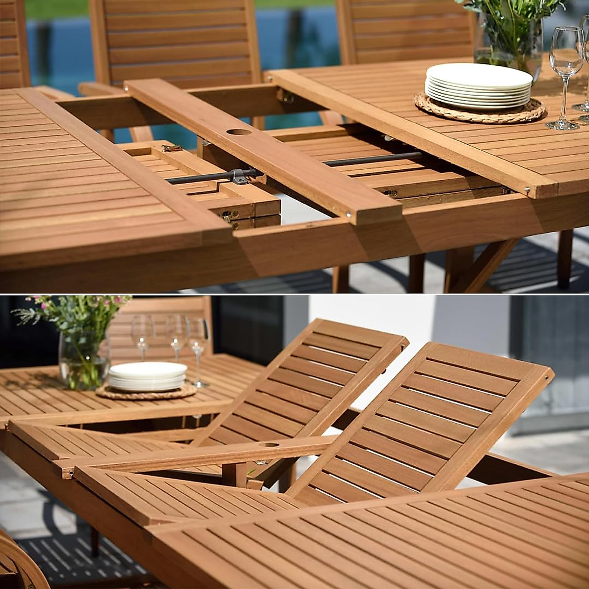 Amazonia Berlin Patio Dining Teak Finish and Ideal, 9-Piece Outdoor Furniture Set, Light Brown