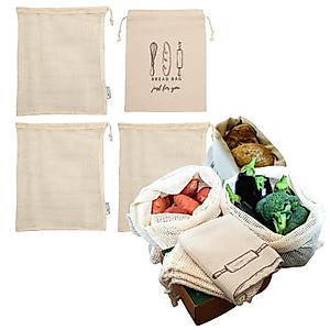 Pretty Wallaby| Onion&Potato Reusable Mesh Bags| Vegetable Storage Bags| 100% Cotton| Set of 3 X-Large Bags&1 Large Linen Bread Bag