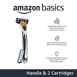 Amazon Basics 5-Blade MotionSphere Razor for Men with Dual Lubrication and Precision Beard Trimmer, Handle & 2 Cartridges (Cartridges fit Razor Handles only)