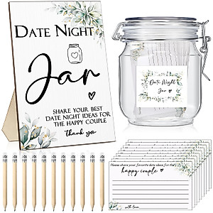 Geelin 114 Pcs Bridal Shower Games Include Date Night Jar Wooden Sign 100 Cards 10 HB Pencils 2 Stickers for Wedding Reception Games Date Idea Newlyweds Bridal Shower Party Favors(Greenery)
