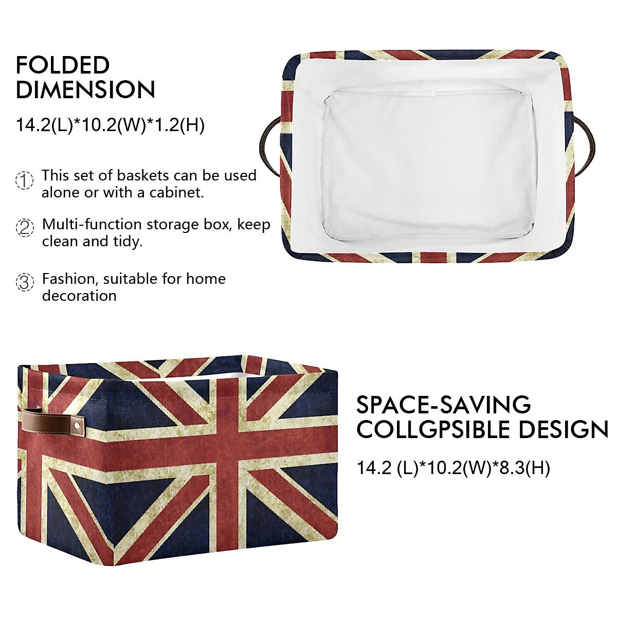 ALAZA Old Union Jack Fashion Foldable Storage Box Storage Basket Organizer Bins with Handles for Shelf Closet Living Room Bedroom Home Office 2 Pack