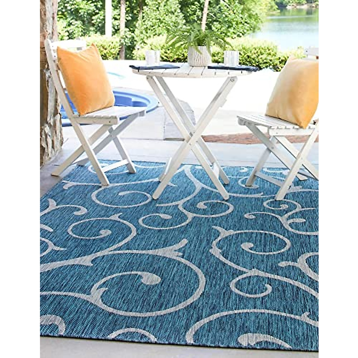 Unique Loom Outdoor Botanical Collection Area Rug - Curl (9' x 12' Rectangle, Teal/ Ivory)