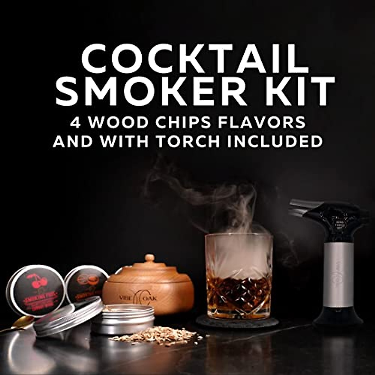 VibeOak Cocktail Smoker Kit with Torch 4 Flavors Wood Chips Bourbon - Cocktail Smoker Drink Whiskey Gift for a Friend - Easy to Use Drink Smoker Old Fashioned Cocktail Kit (Without Butane) (Black)