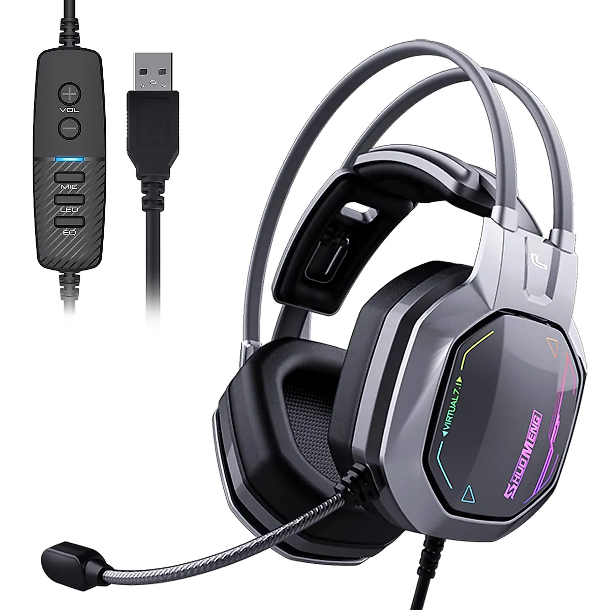 Shuomeng USB Pro Gaming Headset for PC - Computer Headphones with Microphone/Mic, SM-H2Pro 7.1 Surround Sound Wired Headset with LED RGB Light - Gaming Headphones for PS4/PS5,Console Laptop