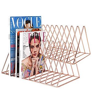Magazine Holder, 2 Pack Desktop 9 Slot File Holder Organizer, Rose Gold File Sorter Folder, Triangle Vinyl Record Storage Rack for Newspaper Envelope Letter Pad, Bookshelf Stand Decor for Home Office