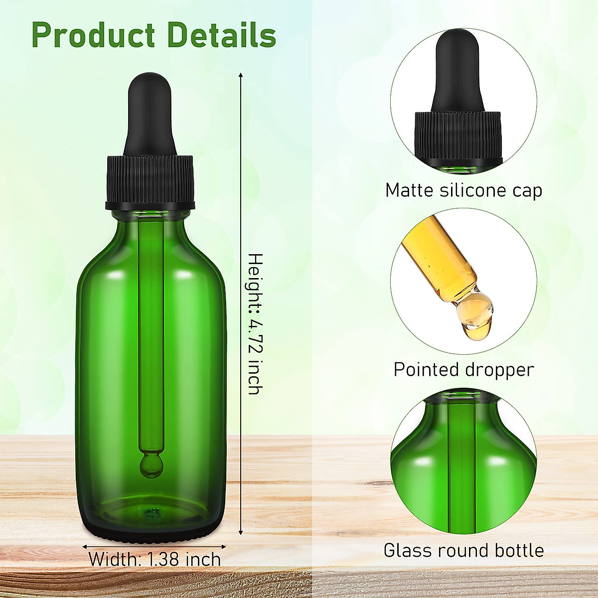 Epakh 100 Pack Glass Dropper Bottles, 2 oz Tincture Vials with Eye Droppers for Essential Oils, Liquids, Leakproof Travel Bottles (Green)
