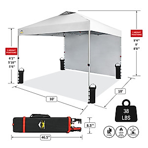 CROWN SHADES Canopy Tent 10x10 Pop Up Canopy Outdoor Shade with One Sidewall, Easy Up Sun Shelter with One Person Set Up Center Lock, Portable Instant Camping Beach Canopy Tents, White