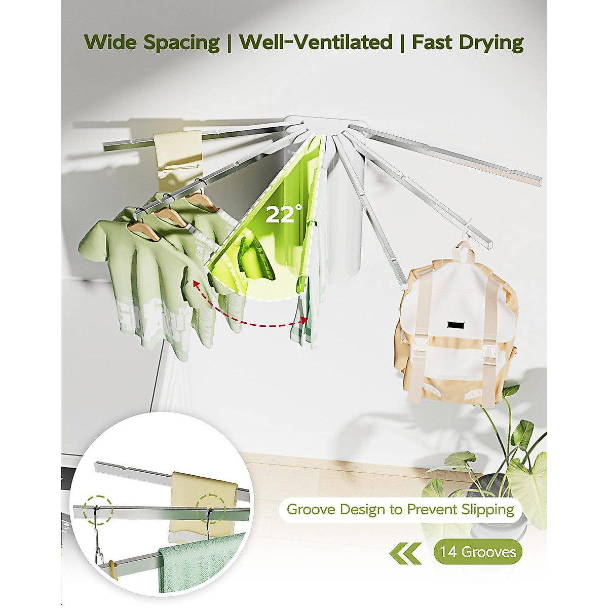 Vikaqi Wall Mounted Laundry Drying Rack, Foldable Wall Octopus Clothes Drying Rack Folding Indoor, Towel Drying Rack Collapsible, Space Saving Drying Rack Clothing with 7 Hanging Rods