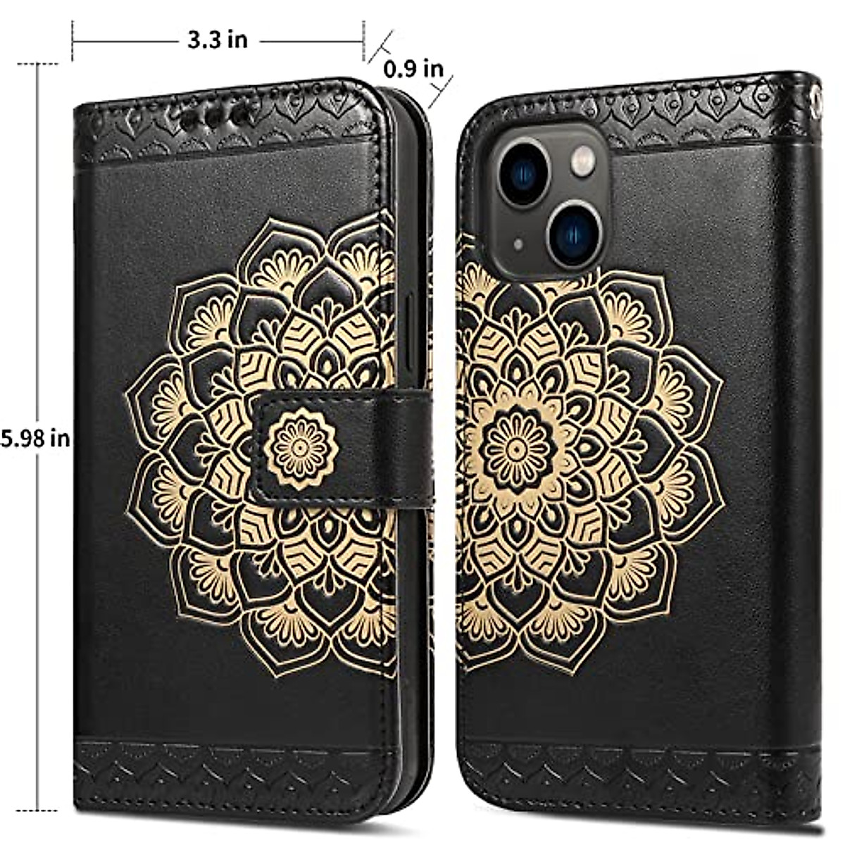 CASEOWL Compatible for iPhone 13 Wallet Case Magnetic Detachable-2 in 1 Mandala Embossed Flip Leather Wallet Case for Women Girls [RFID Blocking]with Card Holder, Hand Strap for iPhone 13 2021(Black)