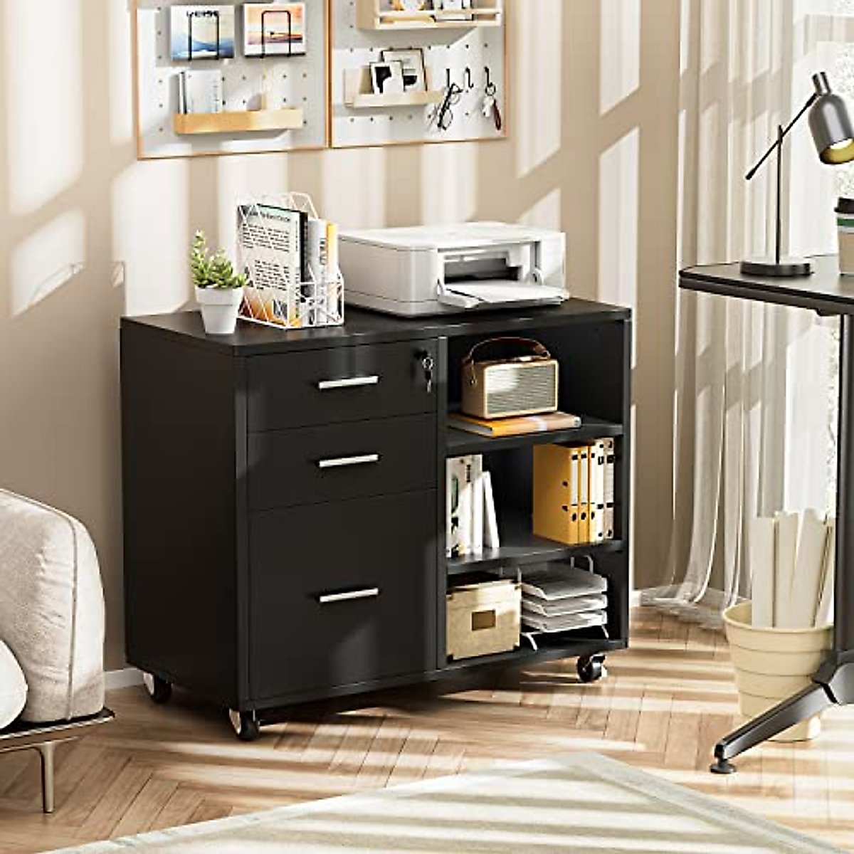 Shahoo 3 Drawer Filing Cabinet, Mobile Lateral Printer Adjustable Open Storage Shelf, Lockable Wheels for Home Office, Dark Black