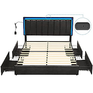 DICTAC Queen LED Bed Frame with 4 Storage Drawers and USB Ports Modern Platform Bed Frame with Storage and LED Headboard Faux Leather Upholstered Storage Bed,Easy Assemble,No Box Spring Needed,Black