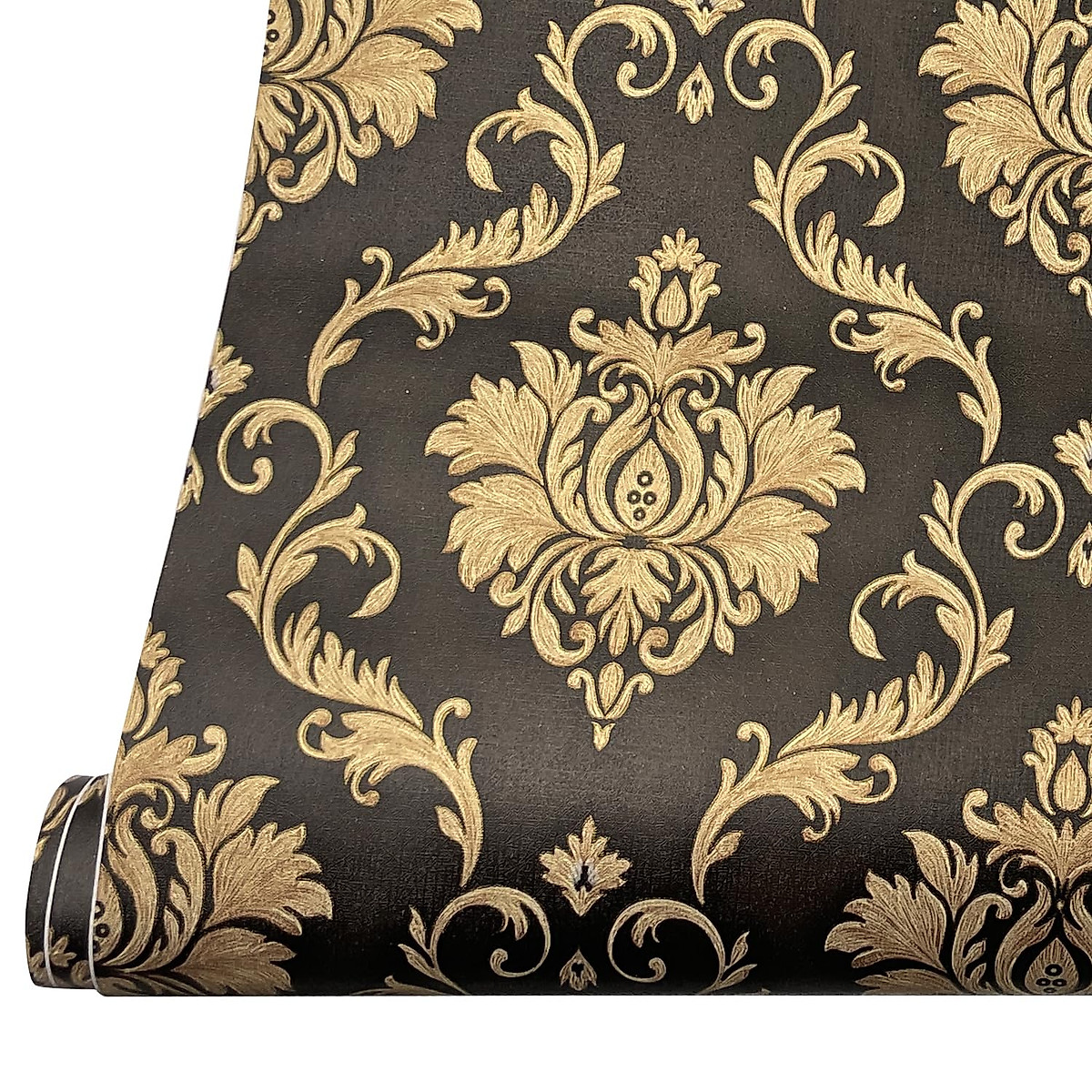 Yifasy Coffee Damask Cabinet Liner Self-Adhesive Shelf Drawer Paper Black Easy Install Redo Countertops Storage Chests 118x17.7 Inch