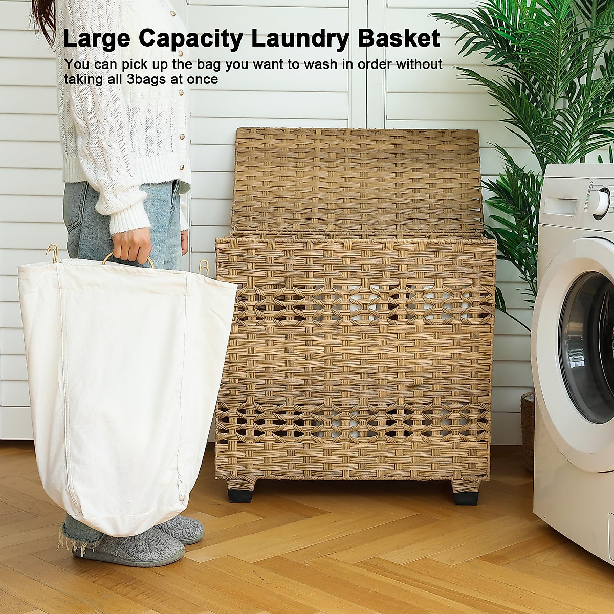 OIAHOMY Laundry Hamper with Lid, 135L Clothes Hamper with 3 Removable Liner Bags, Foldable Laundry Hamper for Bedroom, Synthetic Wicker Hamper with Lid, 27x 13 x 26 Inches, Yellow