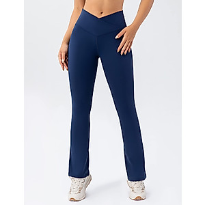 Ukaste Women's Casual Bootleg Yoga Pants Flare V Crossover Waisted Workout Leggings (Dark Blue, M)