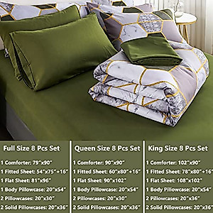 PERFEMET 8 Pieces Green King Comforter Set Geometric Marble Bedding Sets King Size Hexagon Honeycomb Print Bed in A Bag Soft Lightweight Bed Comforter Sets with Sheets (Green, King)