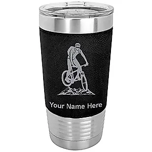 LaserGram 20oz Vacuum Insulated Tumbler Mug, Mountain Bike, Personalized Engraving Included (Faux Leather, Black)