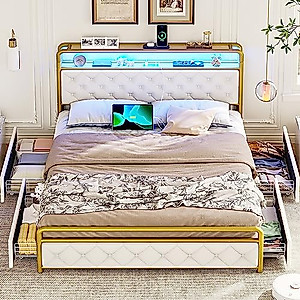 ADORNEVE LED Bed Frame Full with Storage Headboard,Full Size Platform Bed Frame with Charging Station,Bed Frame with Drawers,Velvet Tufted Headboard,Noise-Free,Creamy White & Gold