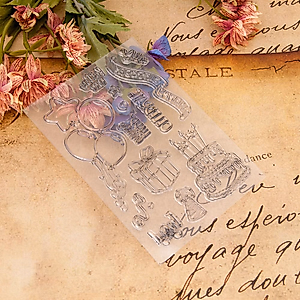 Arbuya Birthday Cake Clear Stamps for Birthday Card Making or Journaling Birthday Gift Box Balloon Banner Silicone Rubber Stamps for Scrapbooking Albums Journals Paper Crafts