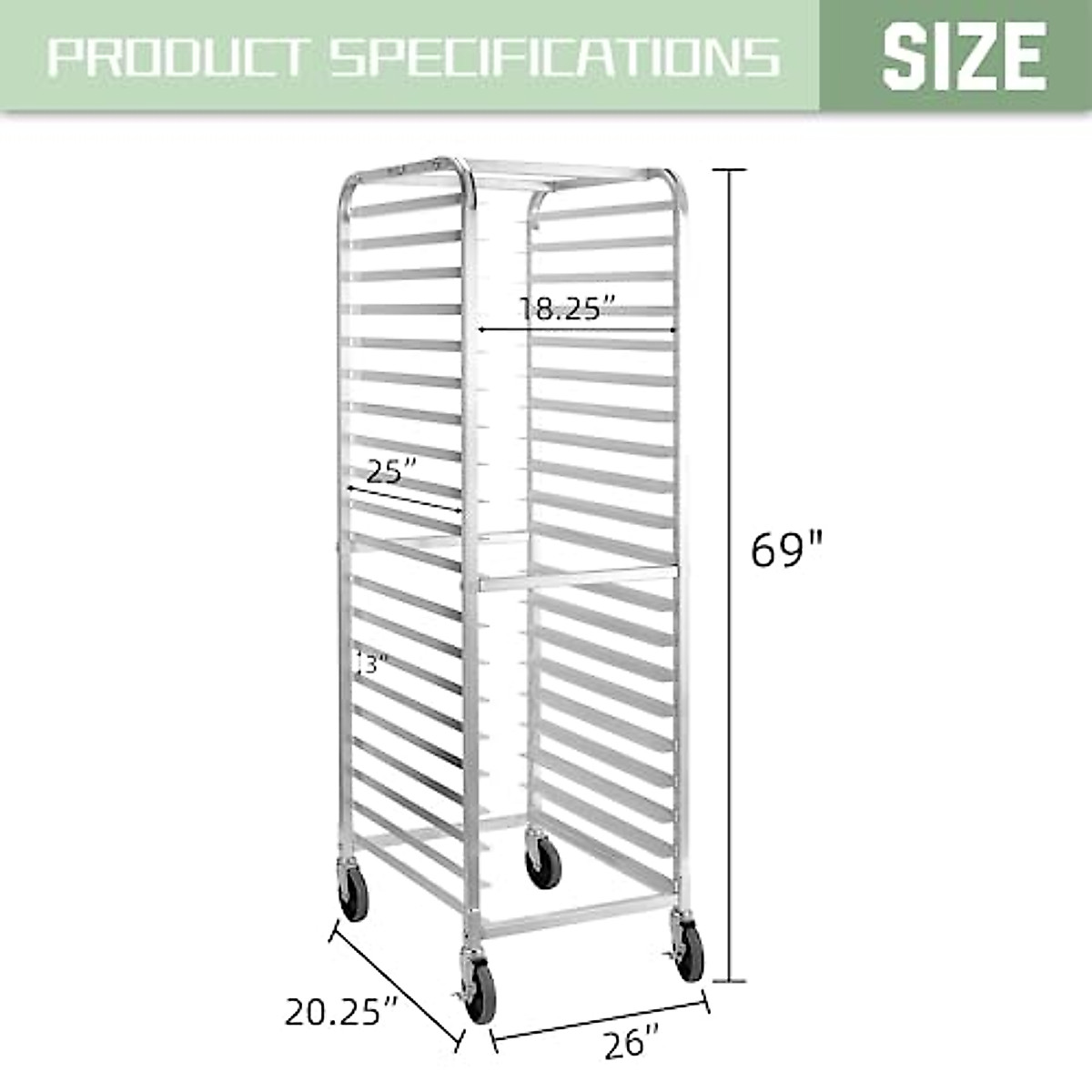HALLY SINKS & TABLES H Bun Pan Rack 20 Tier with Wheels, Commercial Bakery Racking of Aluminum for Full & Half Sheet - Kitchen, Restaurant, Cafeteria, Pizzeria, Hotel and Home, 26" L x 20" W x 69" H