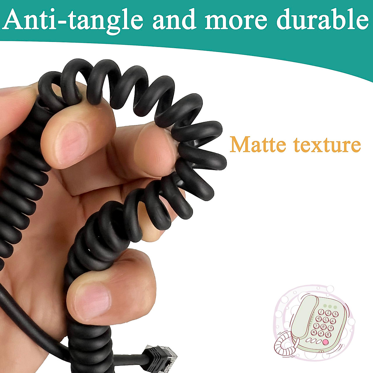 HPWFHPLF Telephone Cords, 2 Pack 6P6C Anti-Tangle Telephone Wires, 6-10 Feet RJ12 Male to Male Coiled Cable for Landline Phones (Black)