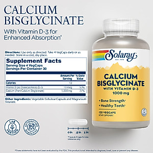 Solaray Calcium Bisglycinate 1000mg with Vitamin D-3, Chelated Calcium Supplement for Bone Strength and Healthy Teeth Support, Enhanced Absorption and Easy to Digest, 30 Servings, 120 VegCaps