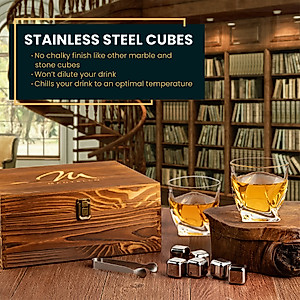 Mantello Whiskey Stones Gift Set for Men - Whiskey Glass Set of 2 with Stainless Steel Whiskey Stones - Whiskey Gifts for Men, Whisky Glasses and Whiskey Stones Rocks