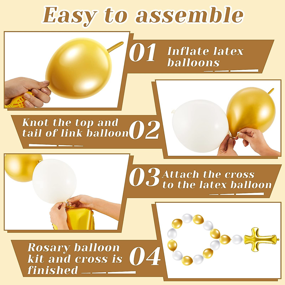 102 Pieces 12 Inch Latex Link Balloons and 34 Inch Gold Cross Balloon Needle Tail Balloons Quick Connect Balloons Jumbo Baptism Balloons Foil Party Balloons for First Communion Baby Shower Decoration