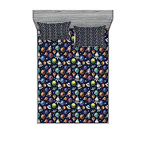 Lunarable Outer Space Fitted Sheet & Pillow Sham Set, Comic Style Cosmos Elements Alien Planets and Spaceships, Decorative Printed 6 Piece Bedding Decor, Calking, Multicolor