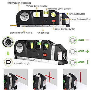 Laser Level Line Tool, Multipurpose Laser Level Kit Standard Cross Line Laser leveler Beam Tool with Metric Rulers 8ft/2.5M for Picture Hanging cabinets Tile Walls by AikTryee.
