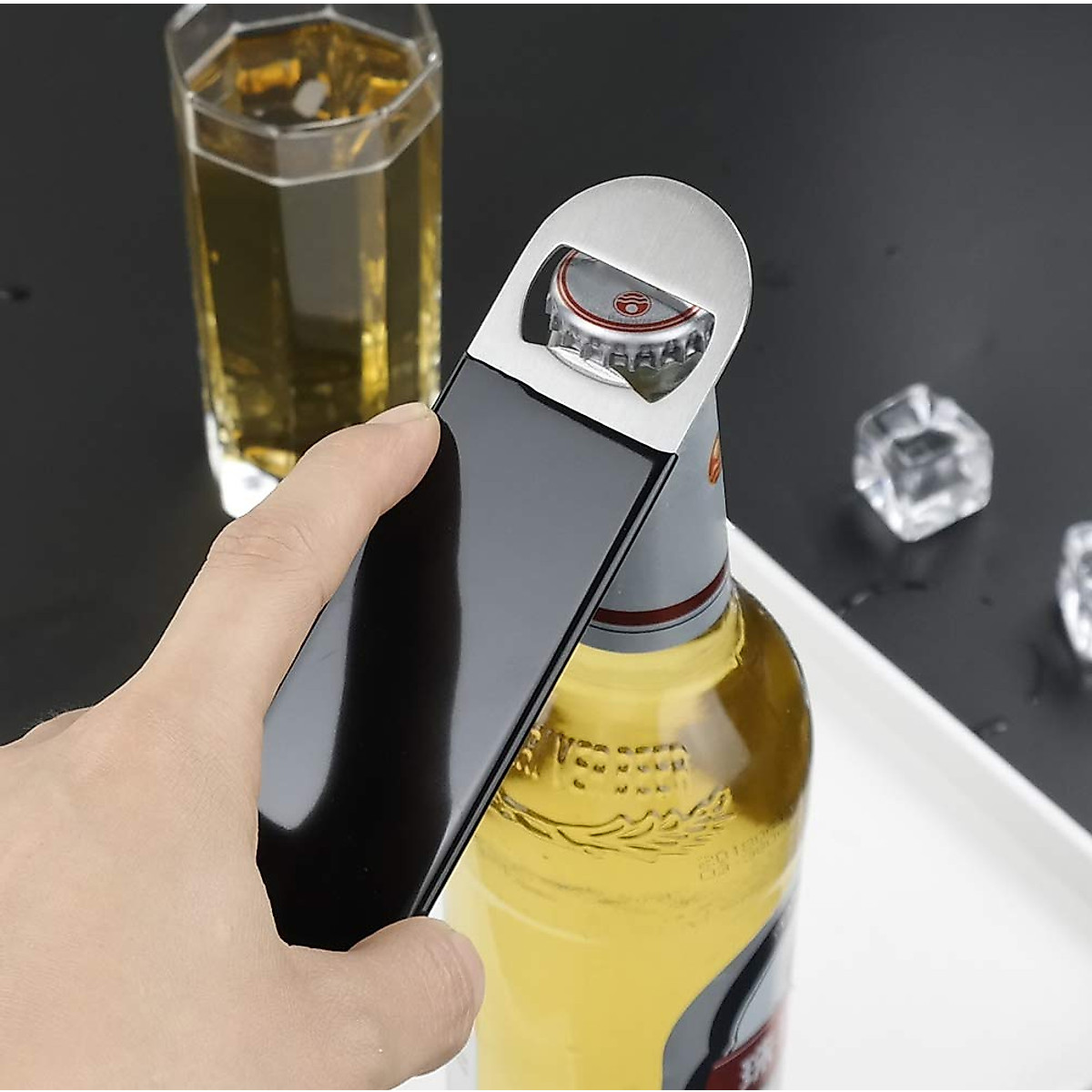 Saedy 3 Pcs Rubber Flat Bottle Opener, Bartender Bar Flade Speed Opener Stainless Steel, 7 Inch, Black