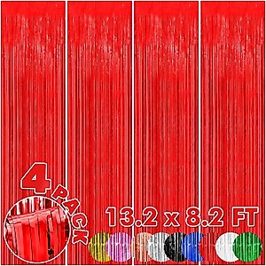 4-Pack Backdrop for Party Decorations, Foil Fringe Backdrop Curtains, Tinsel Streamers for Birthday Party Decorations, Tinsel Curtains for Halloween Valentine Disco Hollywood Theme Parties (Red)