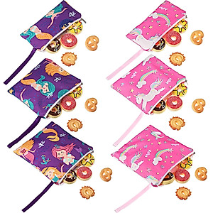 6 Pieces Reusable Snack Bags Sandwich Bags Washable Safe Food Lunch Bags Insulated Waterproof Pouch Mermaid Unicorn Rainbows Container Baggies for Snack Food Packing and Wrapping
