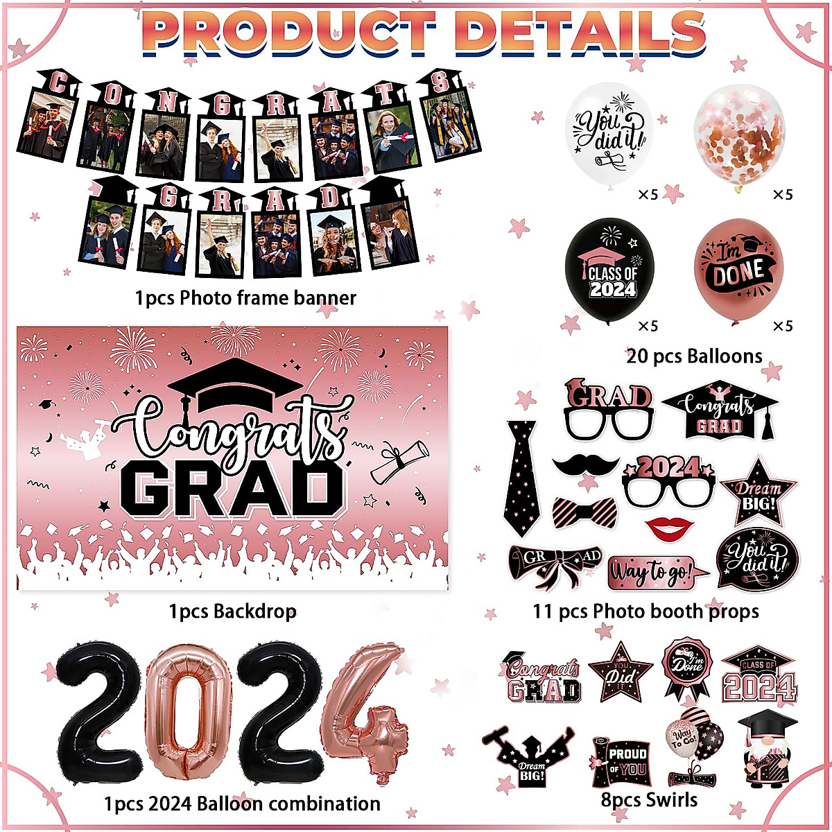 2024 Pink Graduation Decorations, Pink Graduation Banner Class of 2024 Pink and Black Graduation Party Supplies Balloons Graduation Photo Props Decorations Class of 2024 Pink Congrats Grad 2024