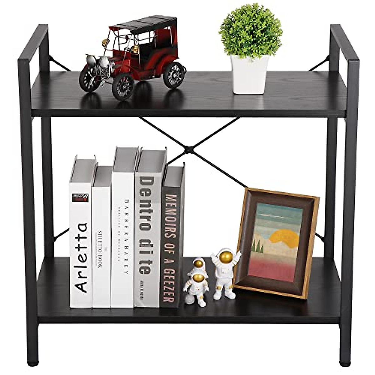 Nouva Small Bookshelf for Small Space 2 Tier Industrial Bookcase Wood and Metal Bookshelves Open Shelf for Bedroom, Living Room, Office, Kitchen, Dark Gray Oak