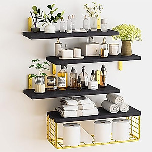 Fixwal 4+1 Tier Floating Shelves Rustic Wood Wall Mounted Shelf, Bathroom Shelves Over Toilet with Wire Storage Basket, Farmhouse Wall Decor for Bedroom, Kitchen, Living Room and Plants (Black Gold)