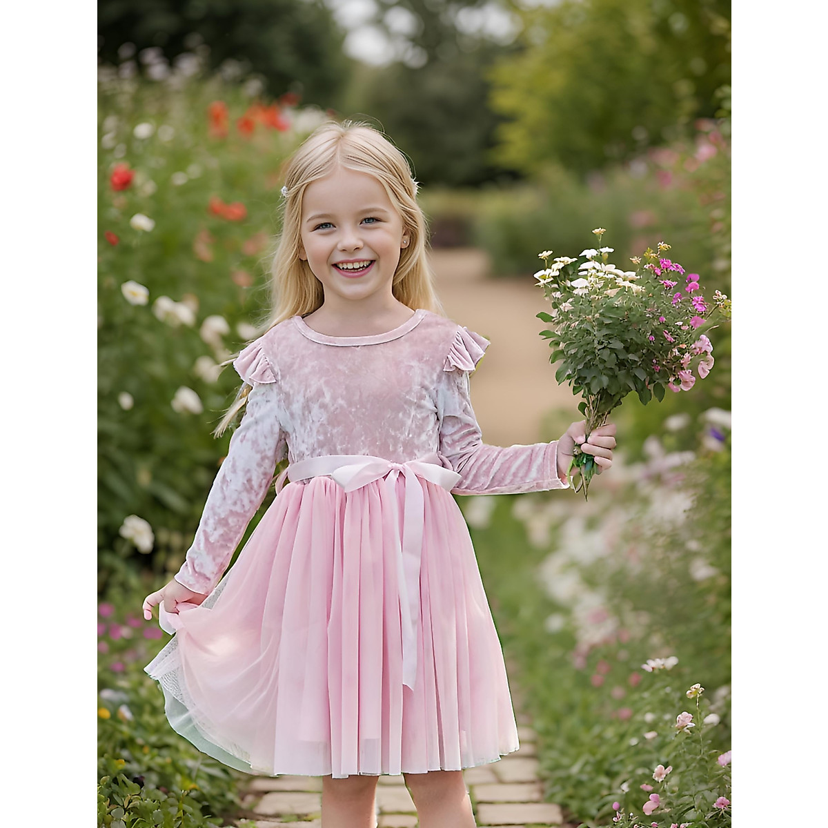 Flofallzique Girls Tutu Dress Long Sleeves Toddler Velvet Tulle Dresses for Birthday Party (2, Dusty Pink)