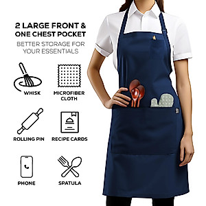 Professional Grade Premium Chef Kitchen Aprons for Cooking with Three Pockets, Water and Stain-Resistant, Machine Washable, Cute Cooking Aprons for Women and Men (Plain, Navy Blue)