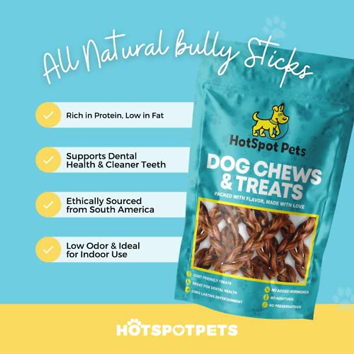 hotspot pets Braided Bully Sticks for Dogs - Premium All Natural Long Lasting Twisted Beef Pizzle Dog Chew Treats - Grain Free Fully Digestible Rawhide Alternative - 6 Inch Stix (10 Pack)