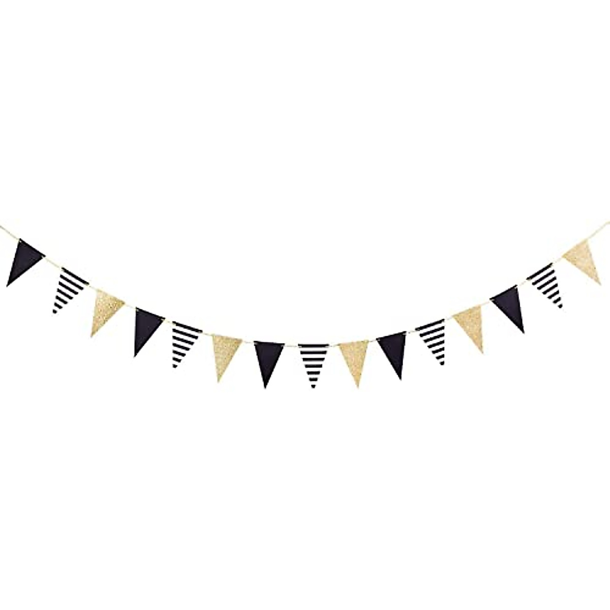 Gold Black Triangle Banner Decorations Bunting Signs for Graduation Flags Decoration Birthday Gatsby Party Nursery Classroom Anniversary Decor Golden New Year Supplies 15pcs 10 Feet (Golden Black Striped)