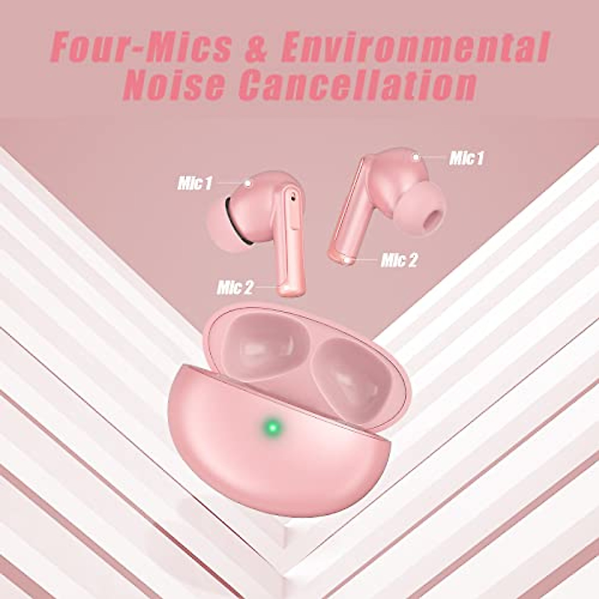 Wireless Earbuds Bluetooth in-Ear Headphones with 4 Microphones ENC Noise Cancelling Clear Calls Wireless Ear Buds 30H Playback IPX5 Waterproof Sports Stereo Earphones for iPhone Android (Rose Gold)