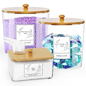 COAZEX 3 Pack Laundry Powder Container & Dryer Sheet Holder, Large Plastic Laundry Room Organization and Storage Jars with Lids, Labels & Scoops for Powder, Detergent, Scent Booster